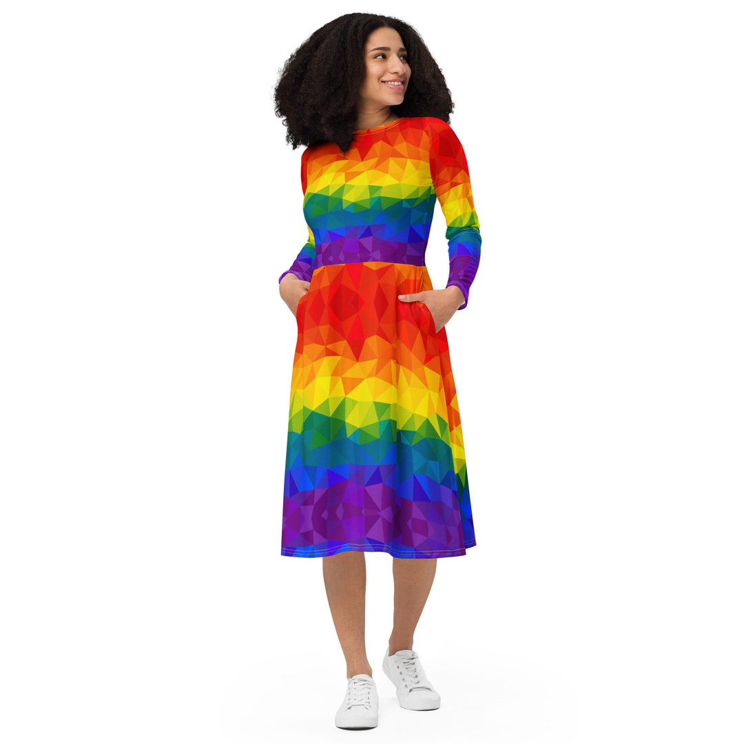 Rainbow Pride Midi Dress, LGBTQ Women Long Sleeve Dress, Lesbian Pride ...