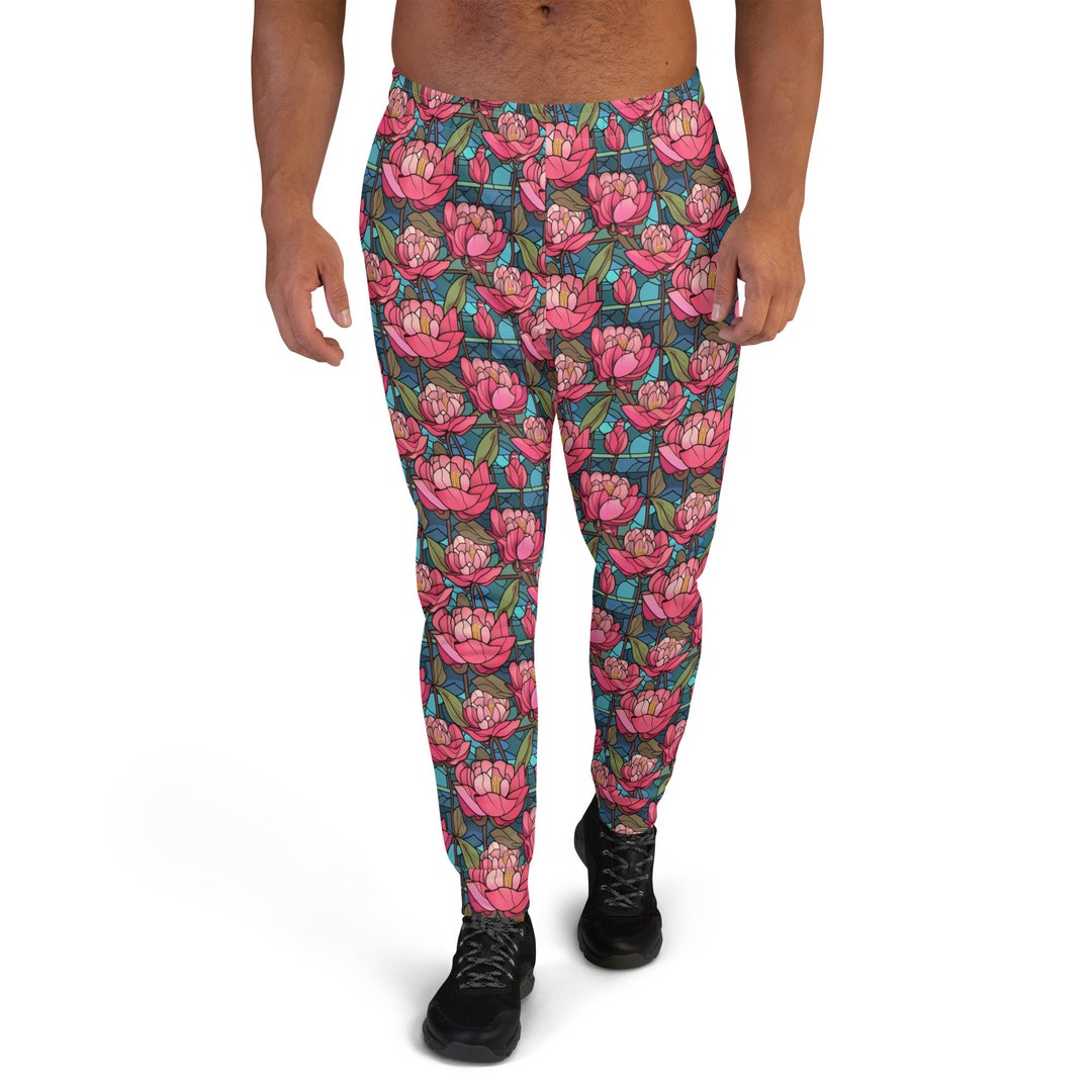 Stained Glass Window Flowers Printed Jogger Sweatpants Men, Floral ...