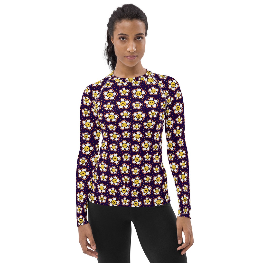 Hippie Flower Patterned Rash Guard Women, Colorful Swim Surf Shirt ...