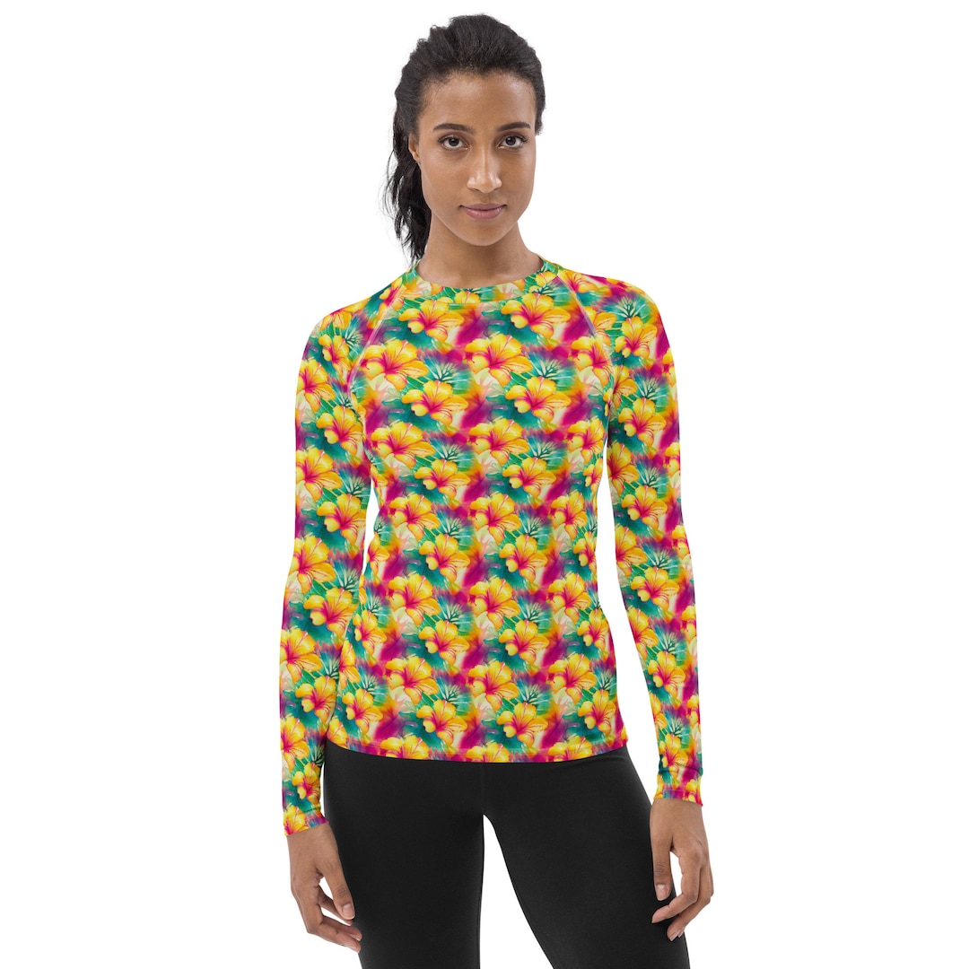 Colorful Hawaiian Flowers Printed Rash Guard, Floral Rash Guard, Long ...