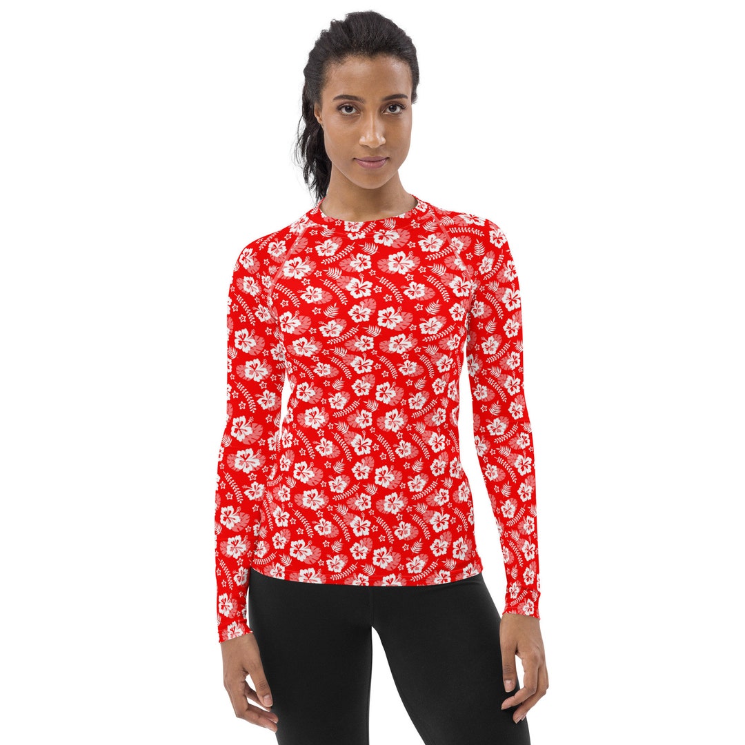 Hawaiian Flowers Printed Rash Guard, Floral Rash Guard, Long Sleeve ...