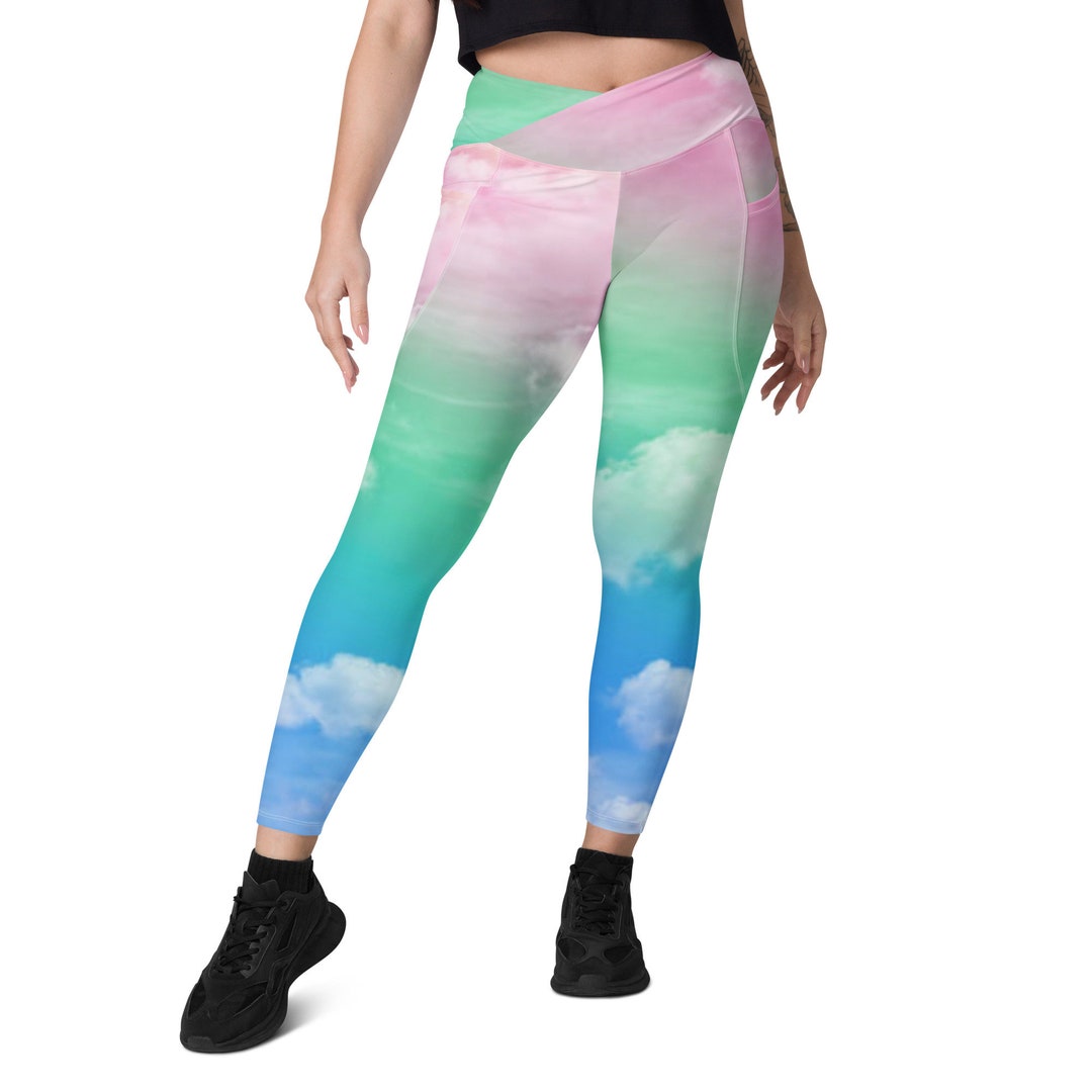 Rainbow Clouds Print Leggings for Women, 2XS 6XL, Crossover Leggings ...