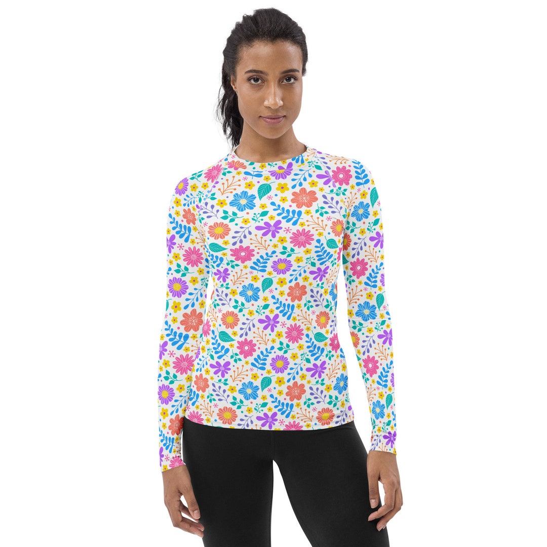 Colorful Flowers Printed Rash Guard, Floral Rash Guard, Long Sleeve ...