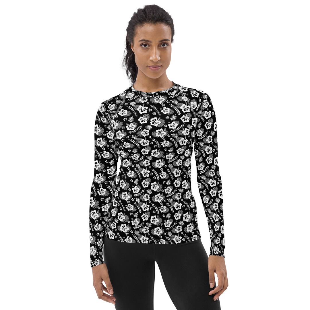 Hawaiian Flowers Printed Rash Guard, Floral Rash Guard, Long Sleeve ...