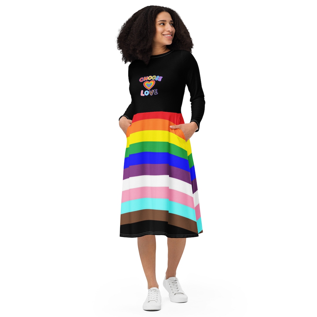 Rainbow Pride Midi Dress LGBTQ Women Long Sleeve Dress Lesbian Pride ...