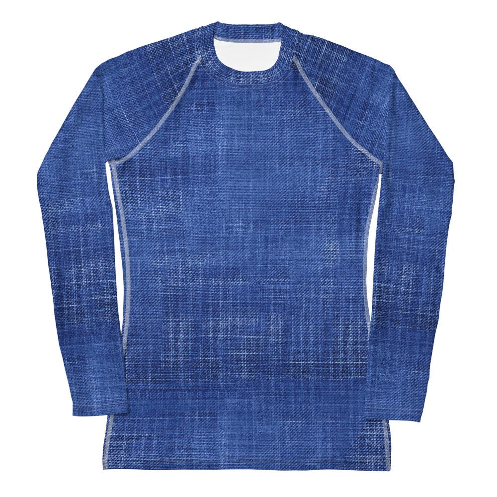 Blue Jeans Patterned Women's Rash Guard, Long Sleeve Yoga Workout Rash ...
