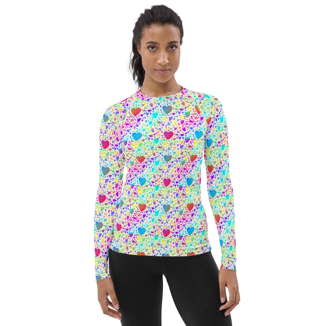 Rainbow Leopard Heart Spotted Rash Guard, Cheetah Patterned Yoga Rash ...