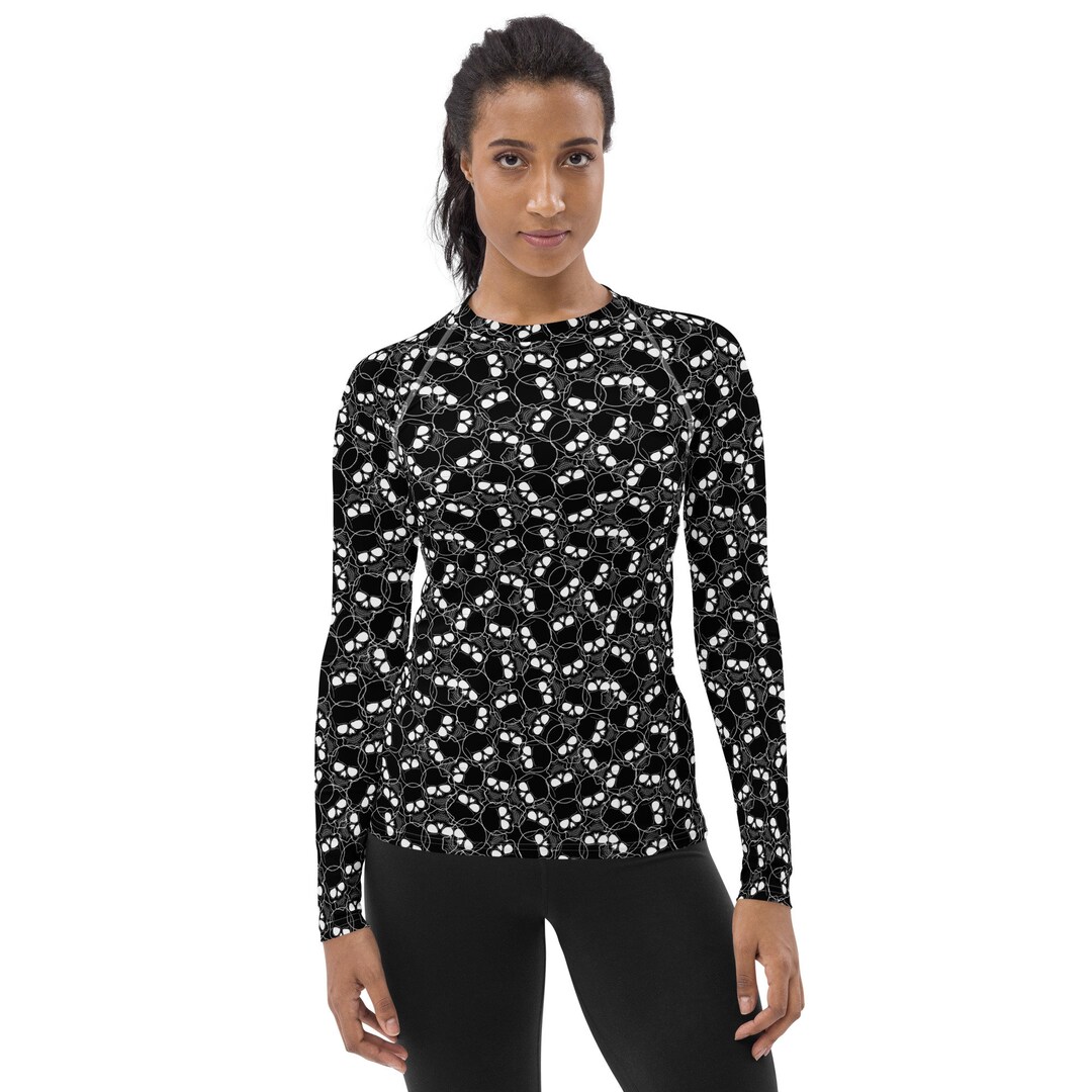 Gothic Skulls Patterned Rash Guard Women, Spooky Goth Swim Surf Shirt ...