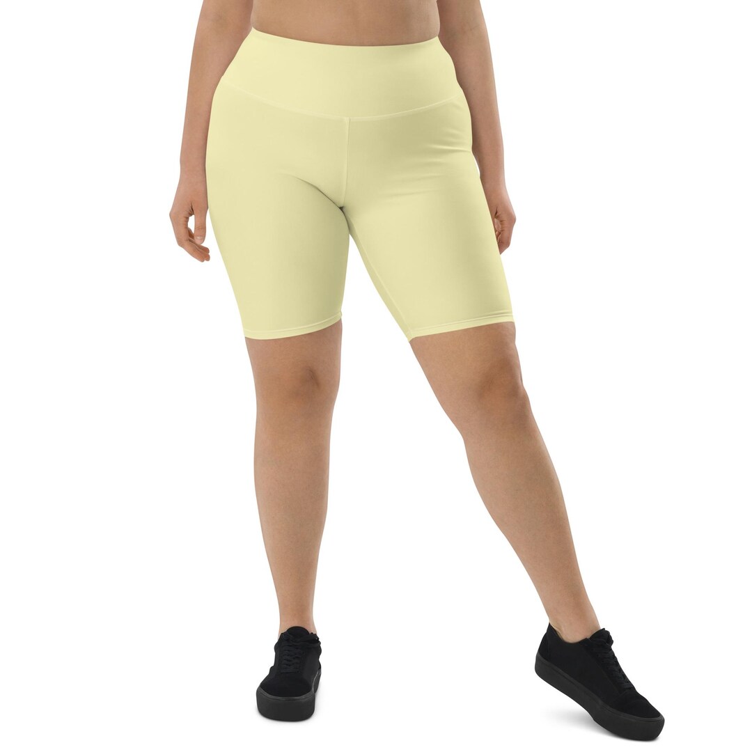 Solid Pastel Yellow Biker Shorts for Women, Gym Workout Shorts, Casual ...