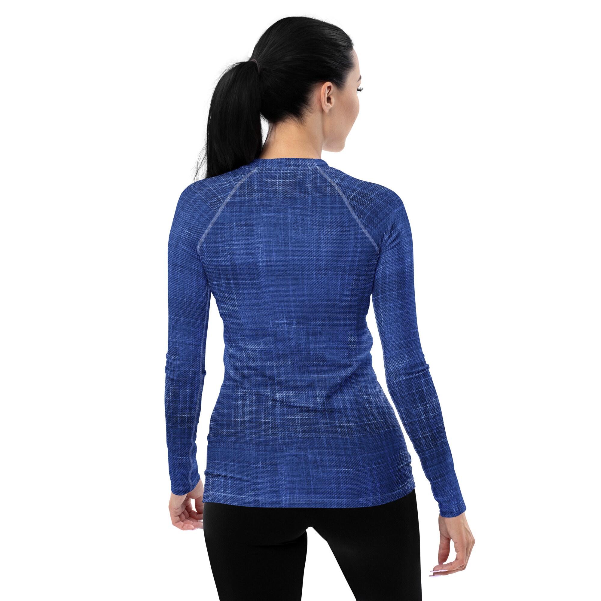 Blue Jeans Patterned Women's Rash Guard, Long Sleeve Yoga Workout Rash ...
