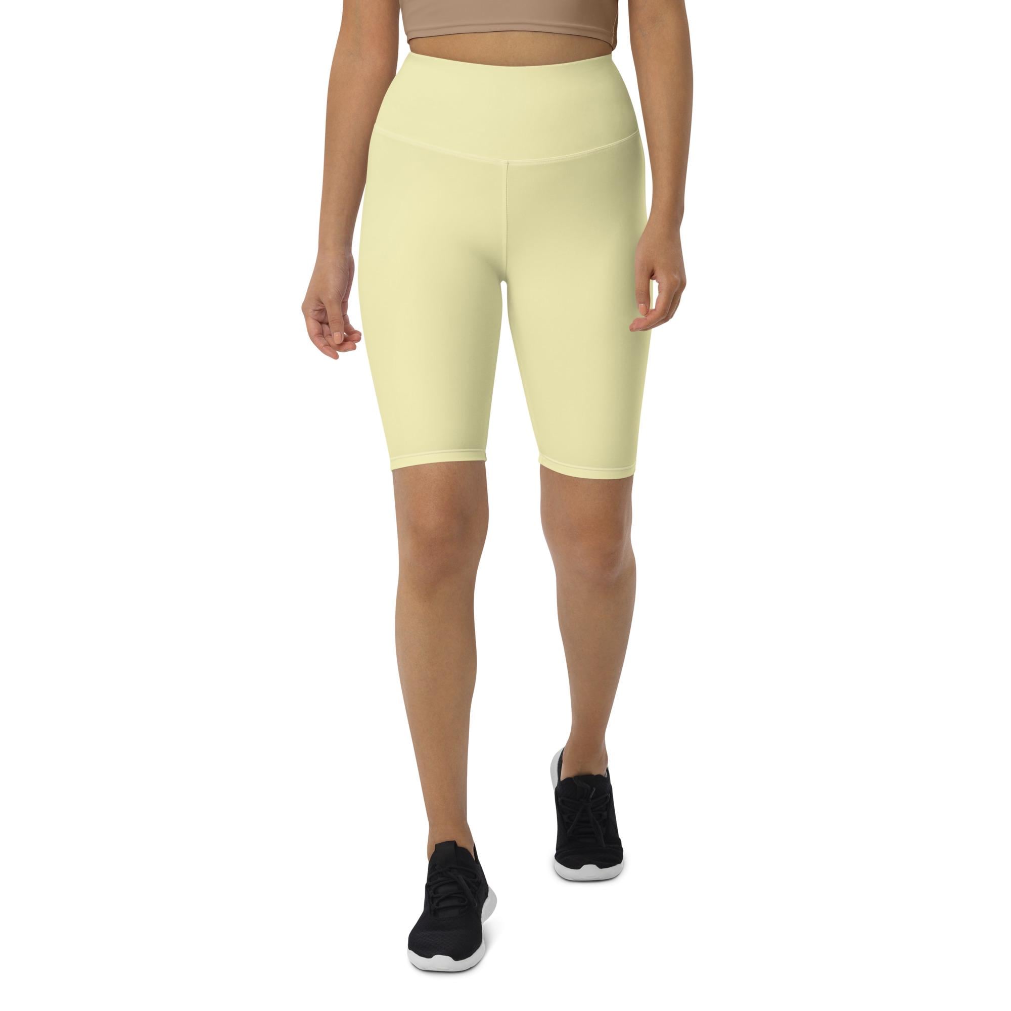 Solid Pastel Yellow Biker Shorts for Women, Gym Workout Shorts, Casual ...