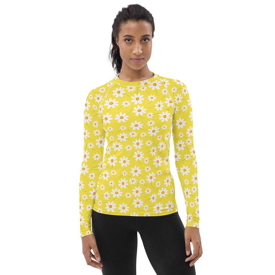 Daisy Flower Patterend Rash Guard, Floral Printed Yoga Workout Fitness ...