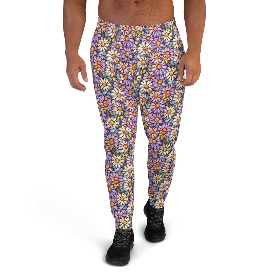 Stained Glass Window Flowers Printed Jogger Sweatpants Men, Floral ...