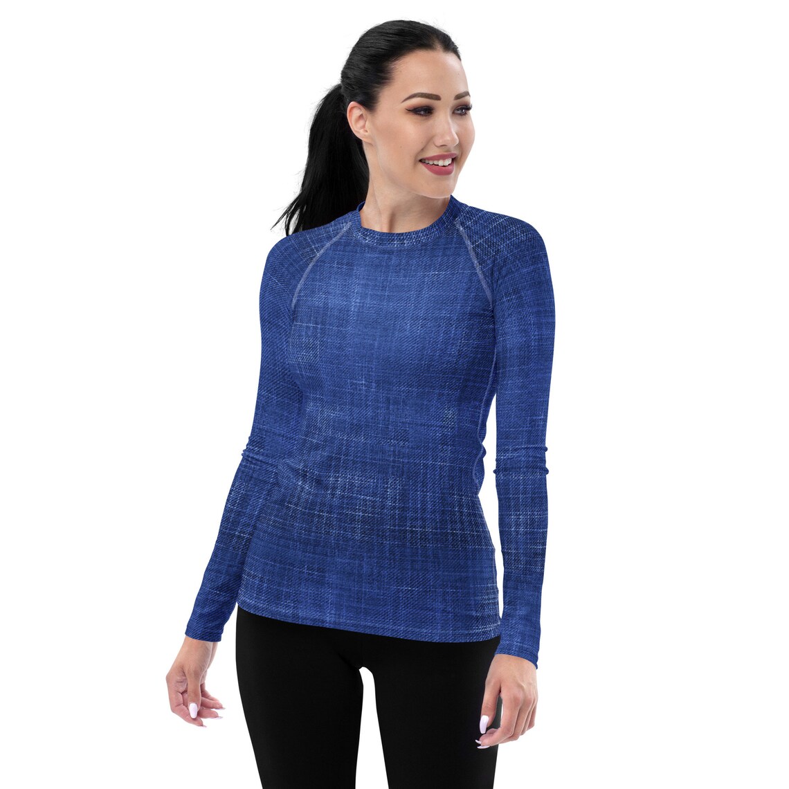 Blue Jeans Patterned Women's Rash Guard, Long Sleeve Yoga Workout Rash ...