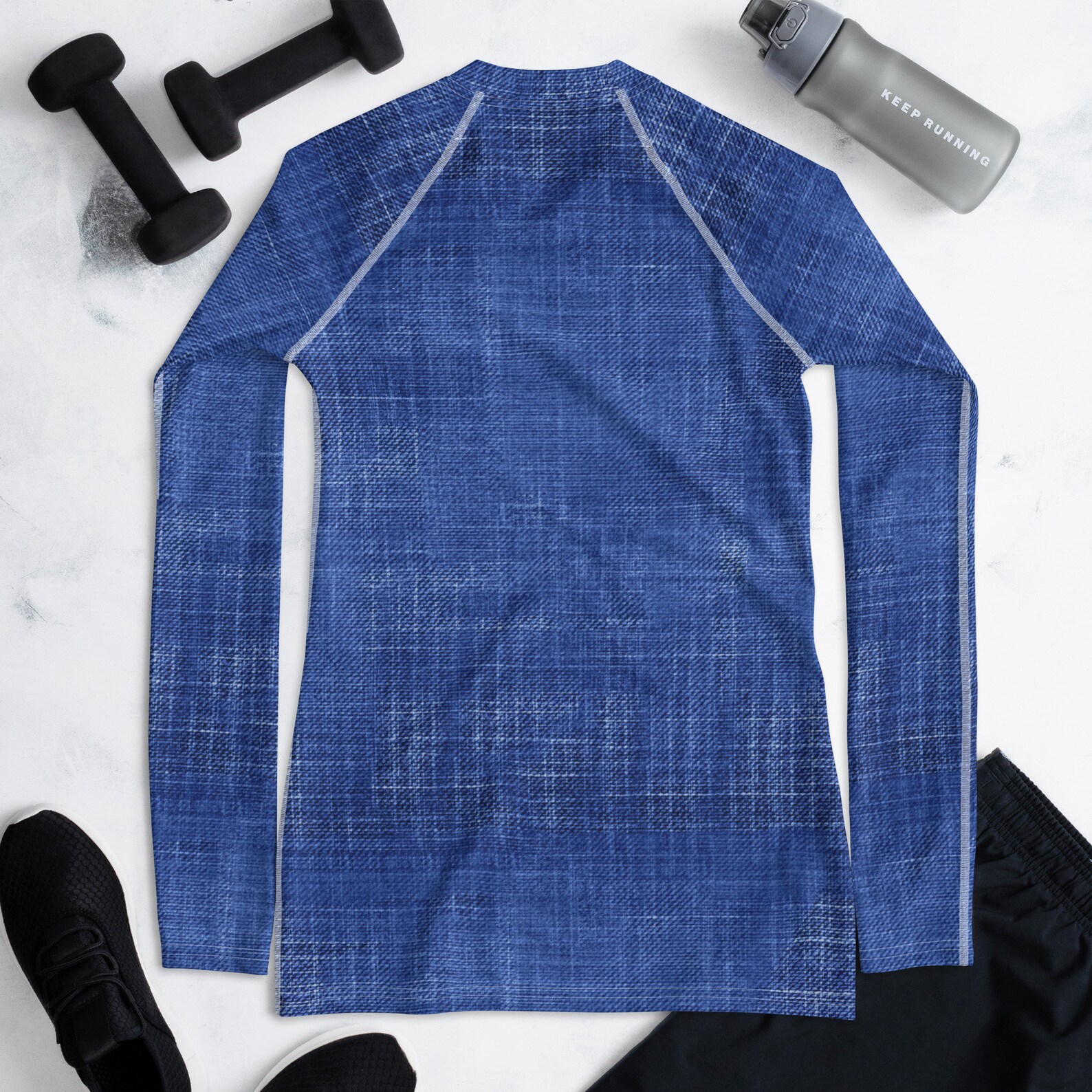 Blue Jeans Patterned Women's Rash Guard, Long Sleeve Yoga Workout Rash ...