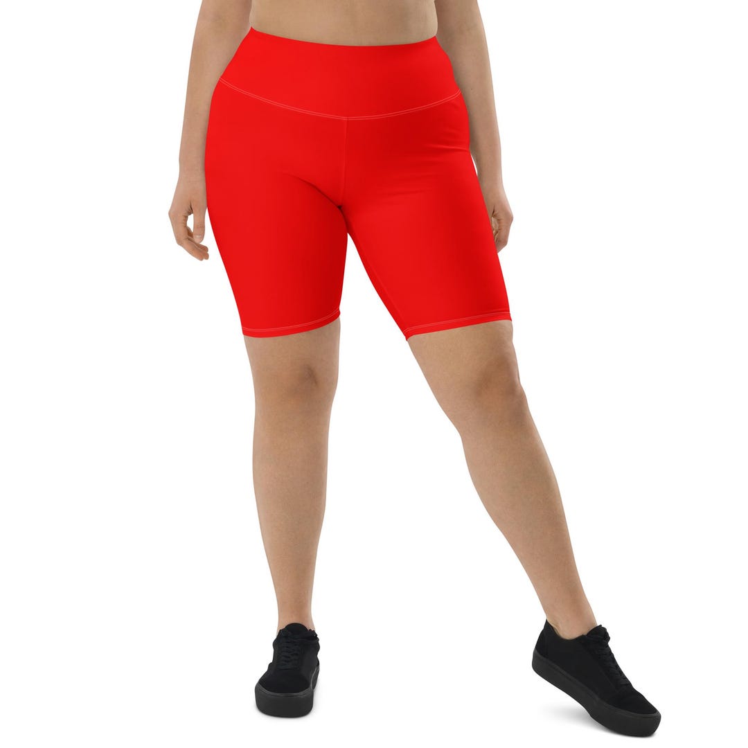 Solid Bright Red Biker Shorts for Women, Gym Workout Shorts, Casual ...