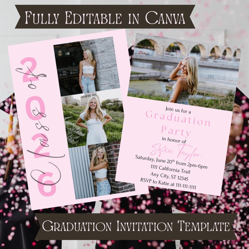 Editable Pink Graduation Invitation Template, Printable Senior ...
