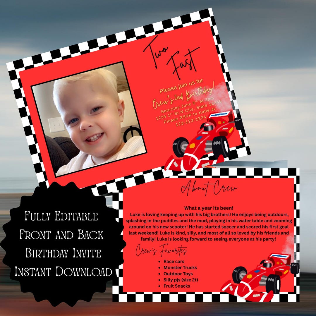 Editable Race Car Birthday Invitation, Two Fast Photo Invite (digital ...