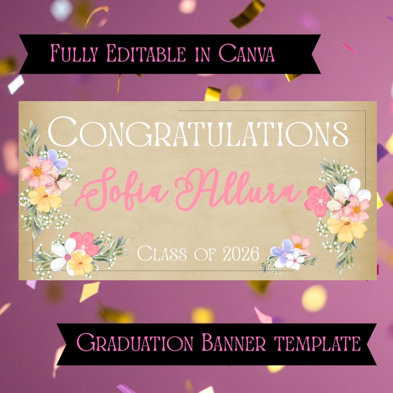 Editable Floral Graduation Party Banner Template, Colorful Class of ...
