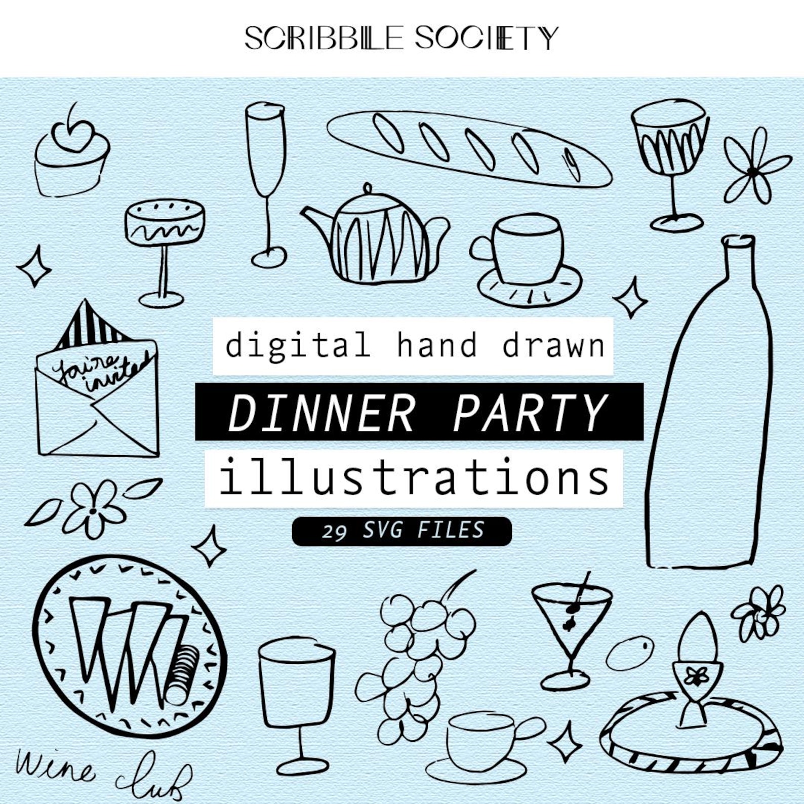 Hand Drawn Wine Club and Dinner Party SVG Illustrations Clipart ...