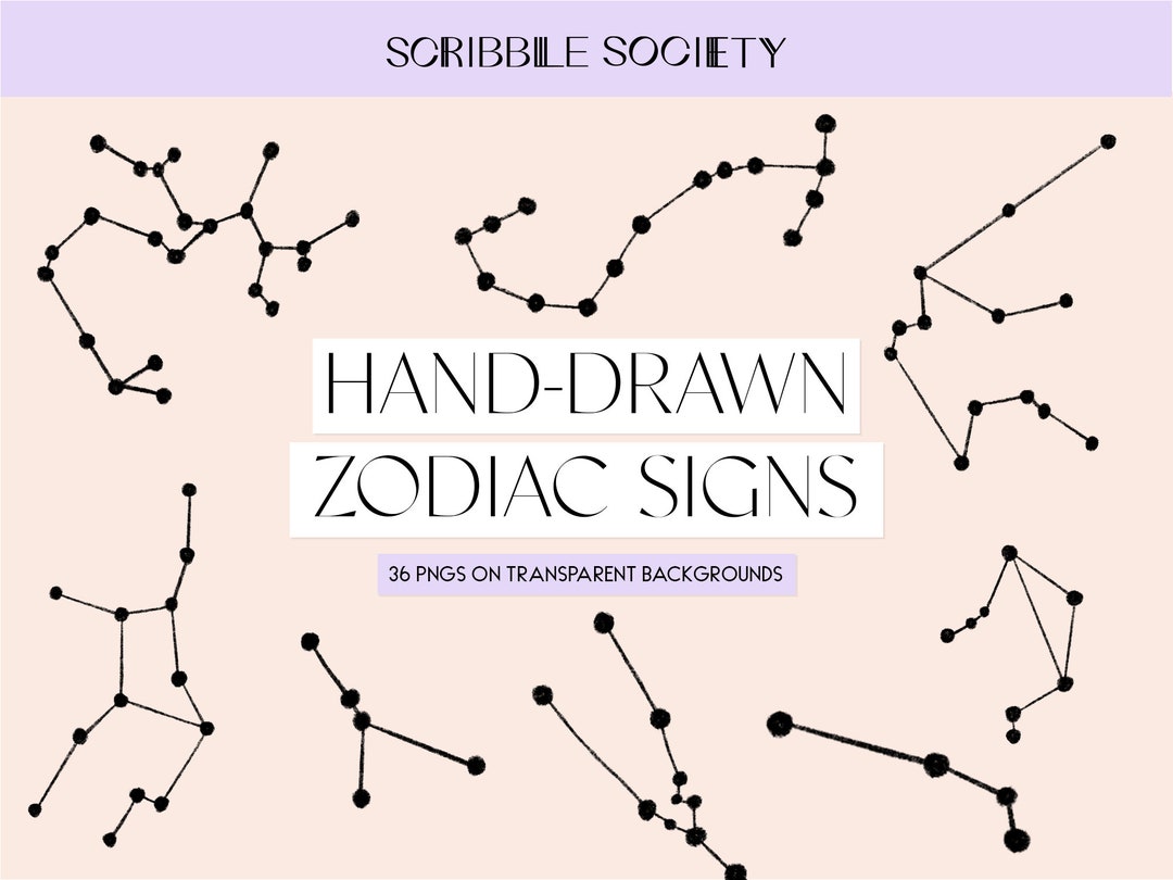 Digital Hand Drawn Zodiac Signs, Stars, Symbols Clipart Illustrations ...