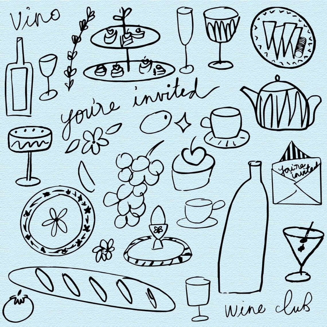 Hand Drawn Wine Club and Dinner Party SVG Illustrations Clipart ...