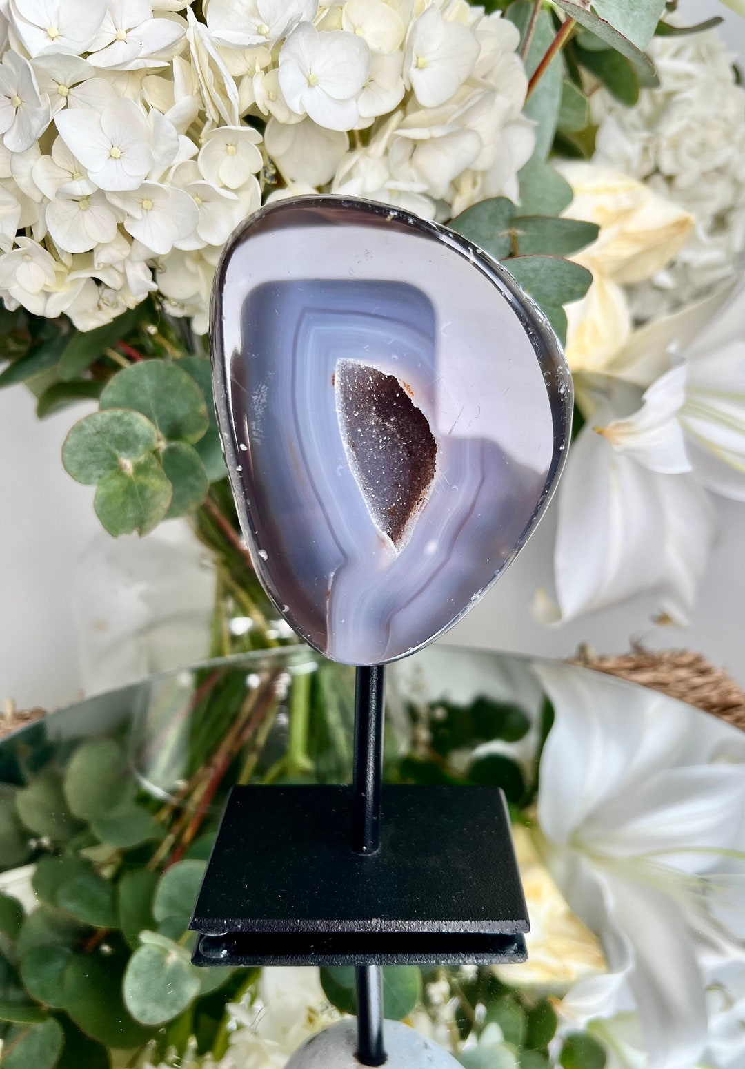 Grade AAA River Tumbled Lade Agate Geode With Druzy on Metal Stand ...