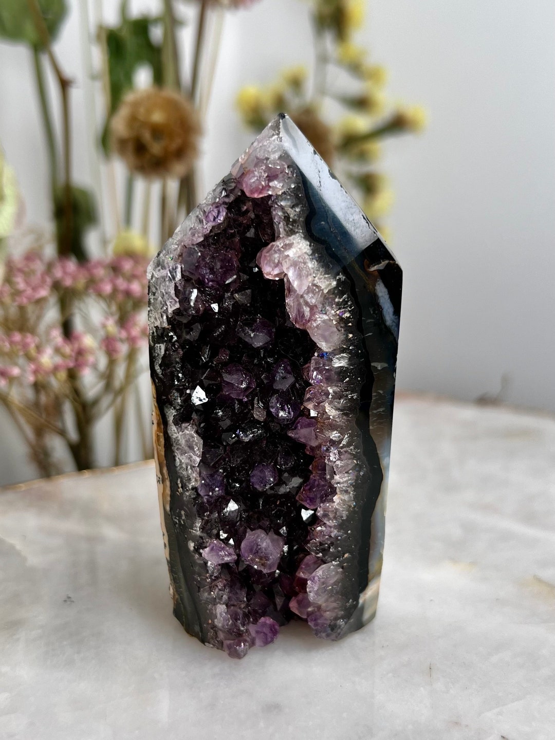 Grade AAA Brazilian Amethyst Geode Tower With Black Agate, Crystal ...