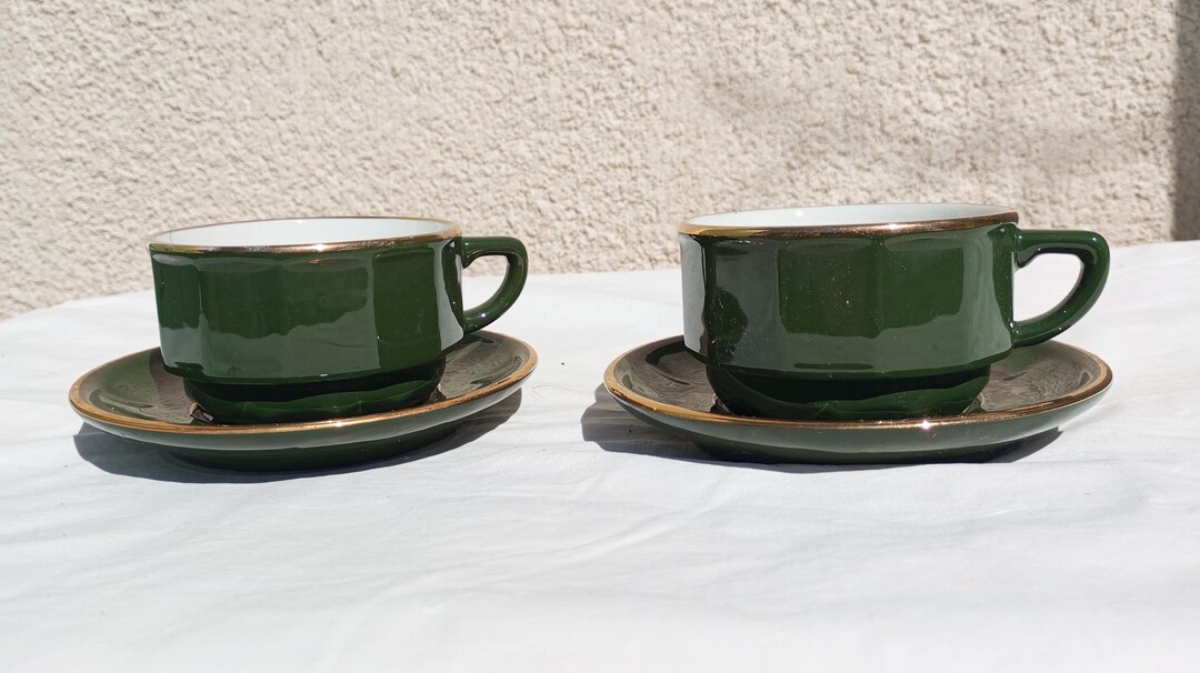 French Vintage APILCO Tea Cups and Saucers: Green & Gold Bistro-ware - Etsy