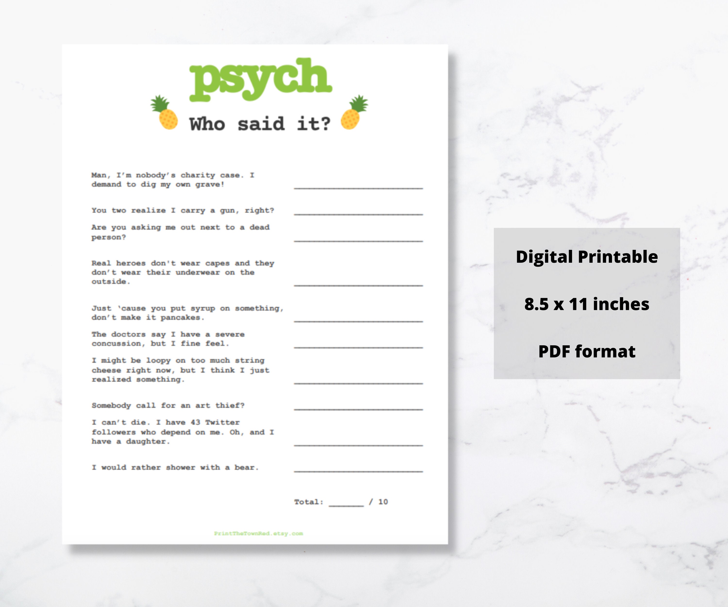 Psych TV Show Trivia Game . Psych Trivia . Digital Download . Psych ...