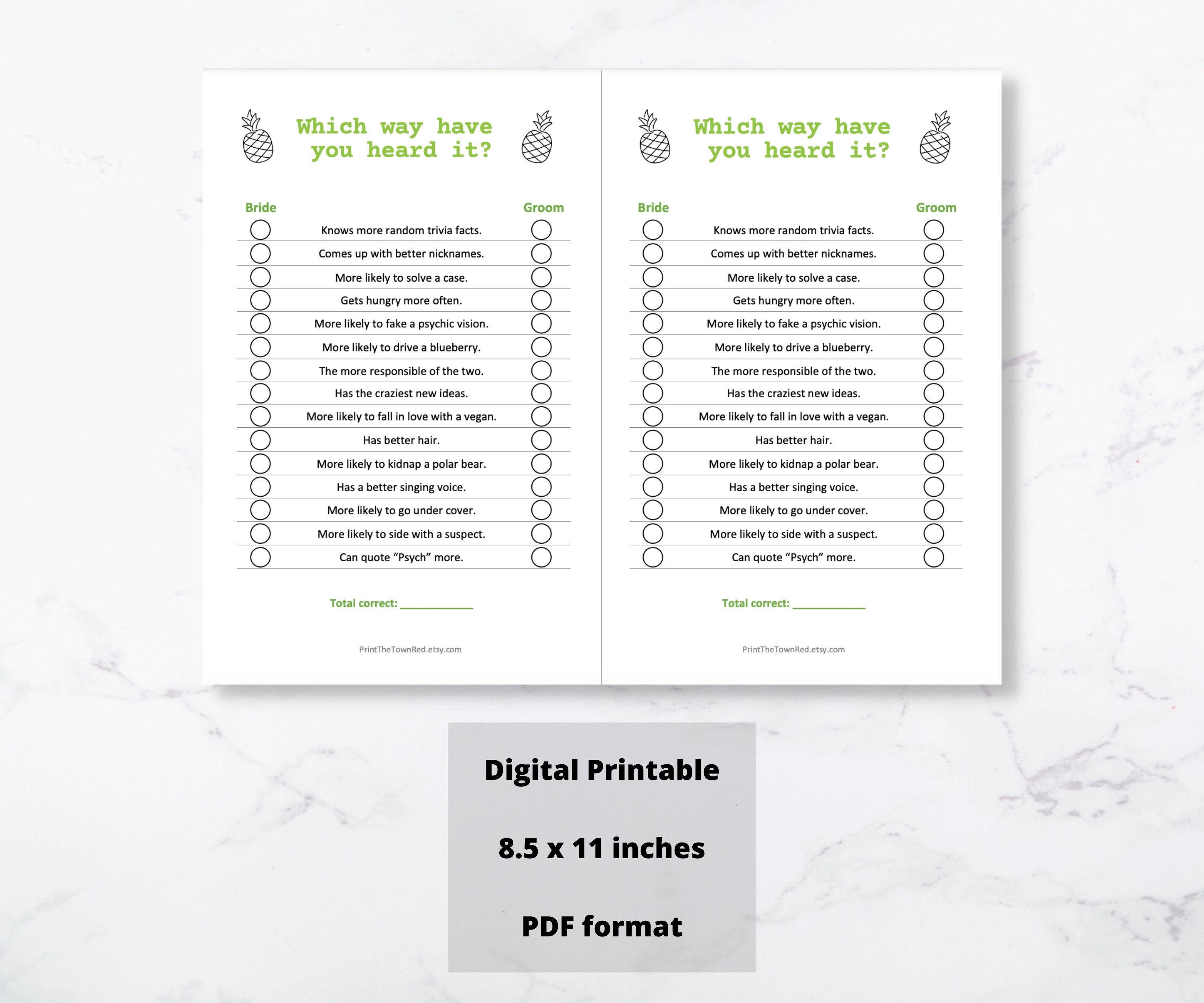 Psych TV Show Party Game . Psych Bachelorette . Printable Bachelorette ...