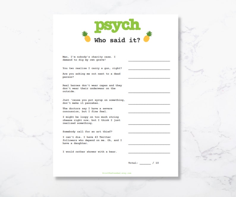 Psych TV Show Trivia Game . Psych Trivia . Digital Download . Psych ...