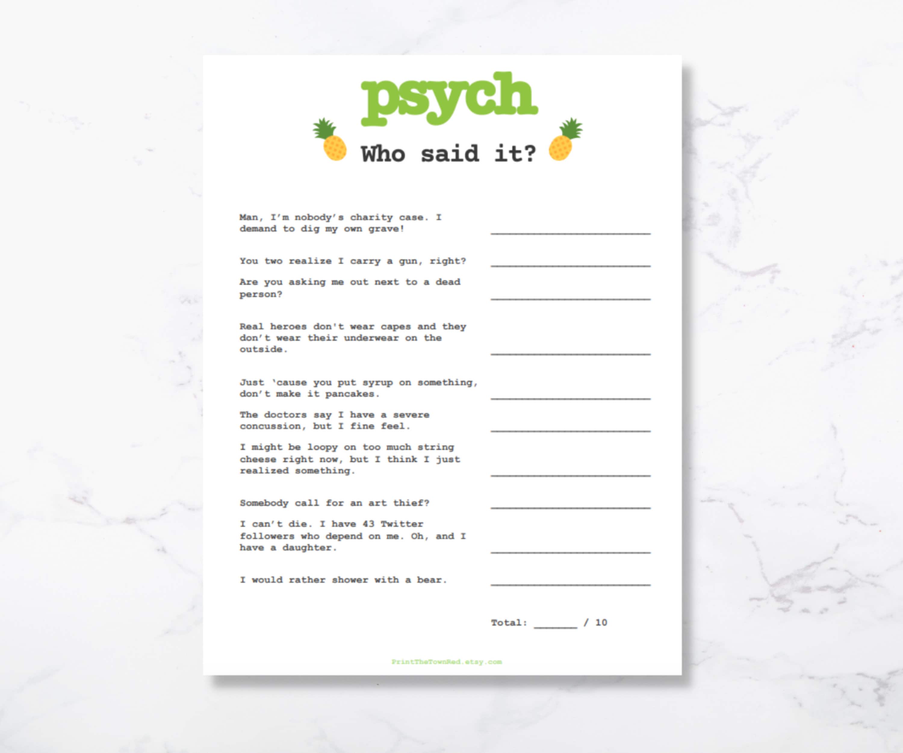 Psych TV Show Trivia Game . Psych Trivia . Digital Download . Psych ...