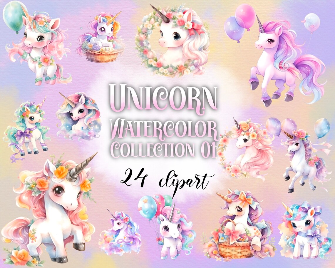 Unicorn Watercolor Clipart, Pony Clipart, Baby Shower, Sublimation ...