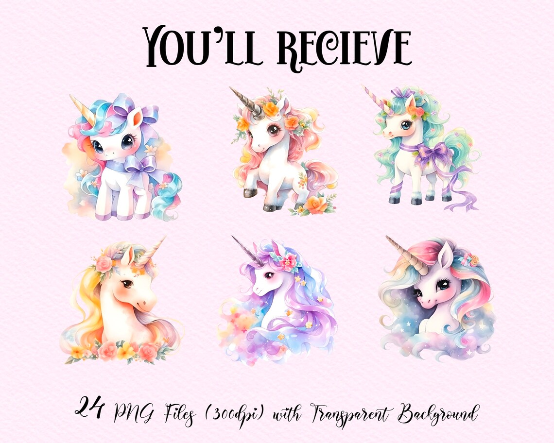 Unicorn Watercolor Clipart, Pony Clipart, Baby Shower, Sublimation ...
