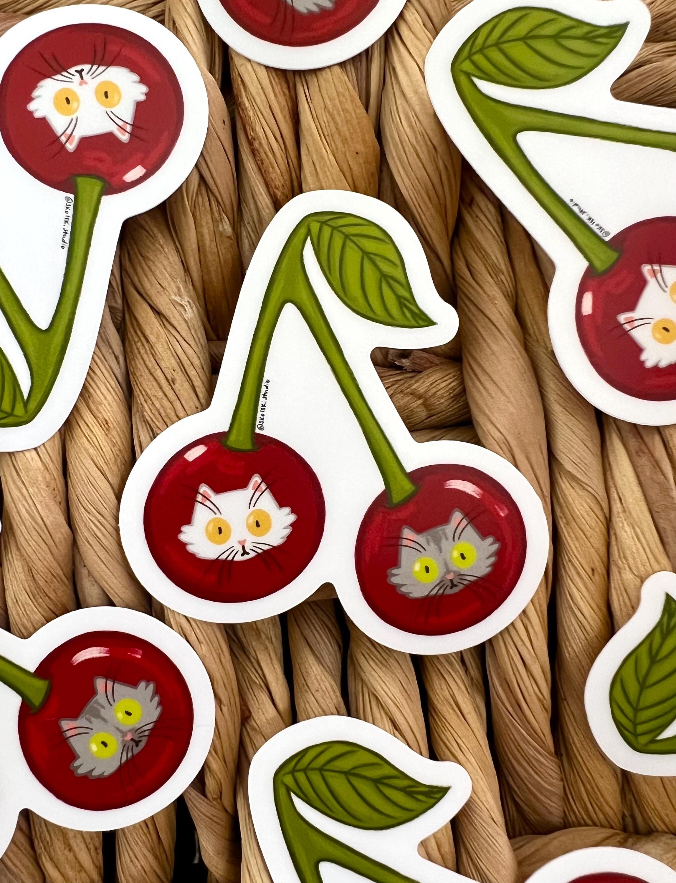 Cherry Fruit Cat Sticker, Weatherproof Matte Vinyl Sticker - Etsy