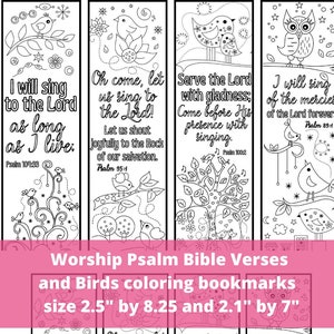 Worship Psalms Bible Verse Coloring Bookmarks for Kids Whimsical Birds ...