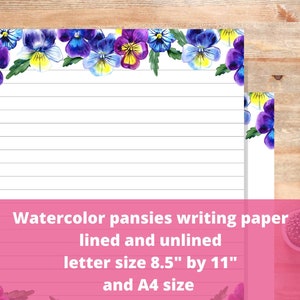 Pansy Flowers Writing Paper Printable Stationery Lined and Blank, A4 ...