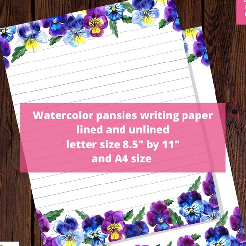 Pansy Flowers Writing Paper Printable Stationery Lined and - Etsy