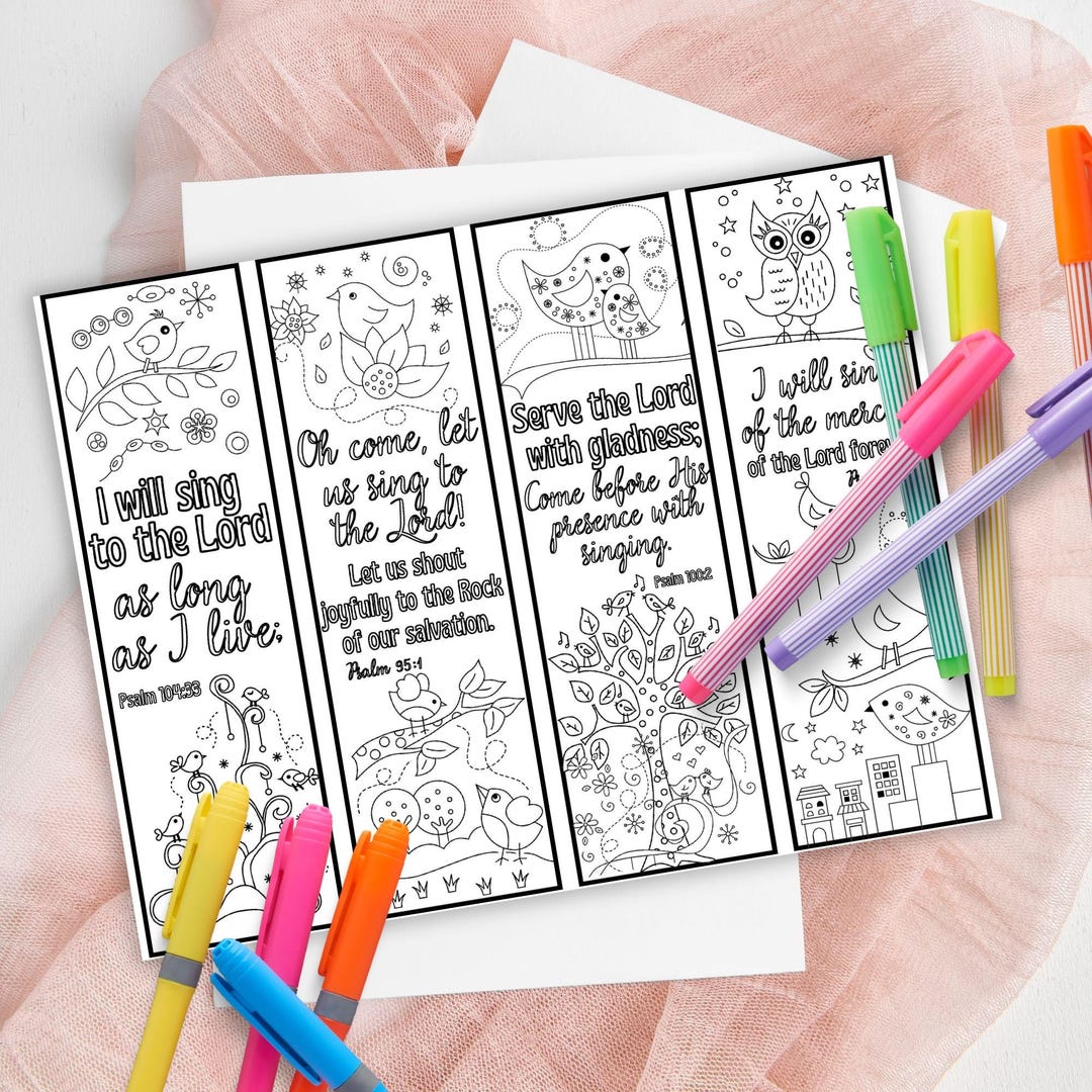 Worship Psalms Bible Verse Coloring Bookmarks for Kids Whimsical Birds ...