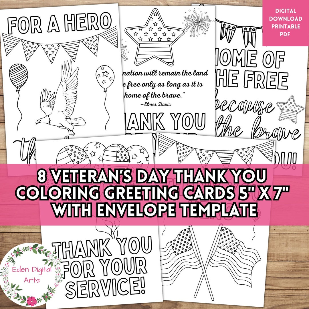 Veteran's Day Thank You Coloring Cards, Patriotic Color Your Own DIY ...
