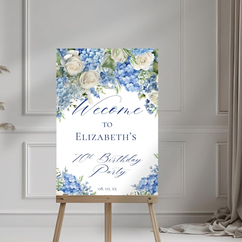 Elegant Blue Hydrangea Welcome Sign Template Editable Watercolor Floral ...