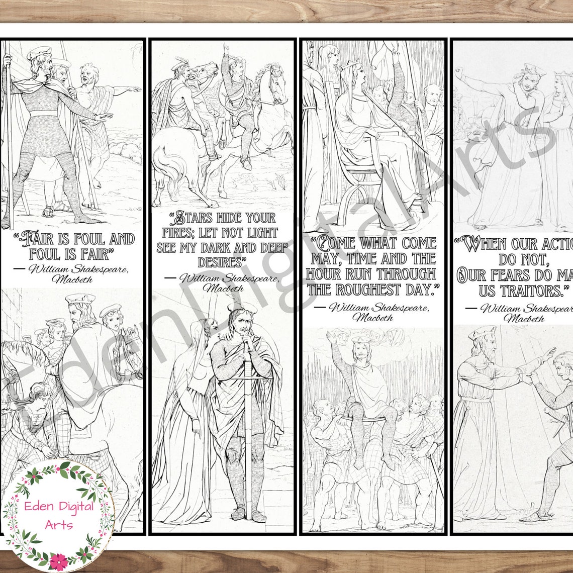 Macbeth Shakespeare Quotes Coloring Bookmarks, Literary DIY Gift Tag or ...