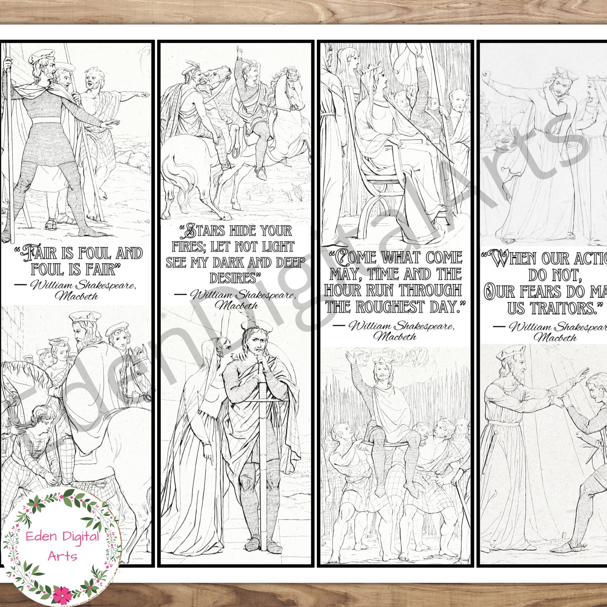 Macbeth Shakespeare Quotes Coloring Bookmarks, Literary DIY Gift Tag or ...