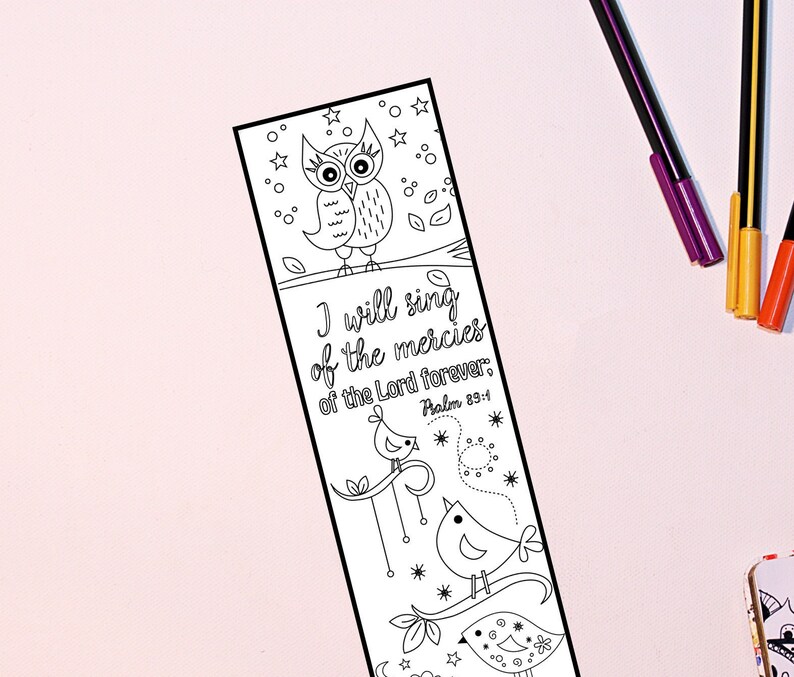 Worship Psalms Bible Verse Coloring Bookmarks for Kids Whimsical Birds ...