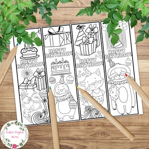 Happy Birthday Party Coloring Bookmarks for Kids, Cute Animals & Decor ...