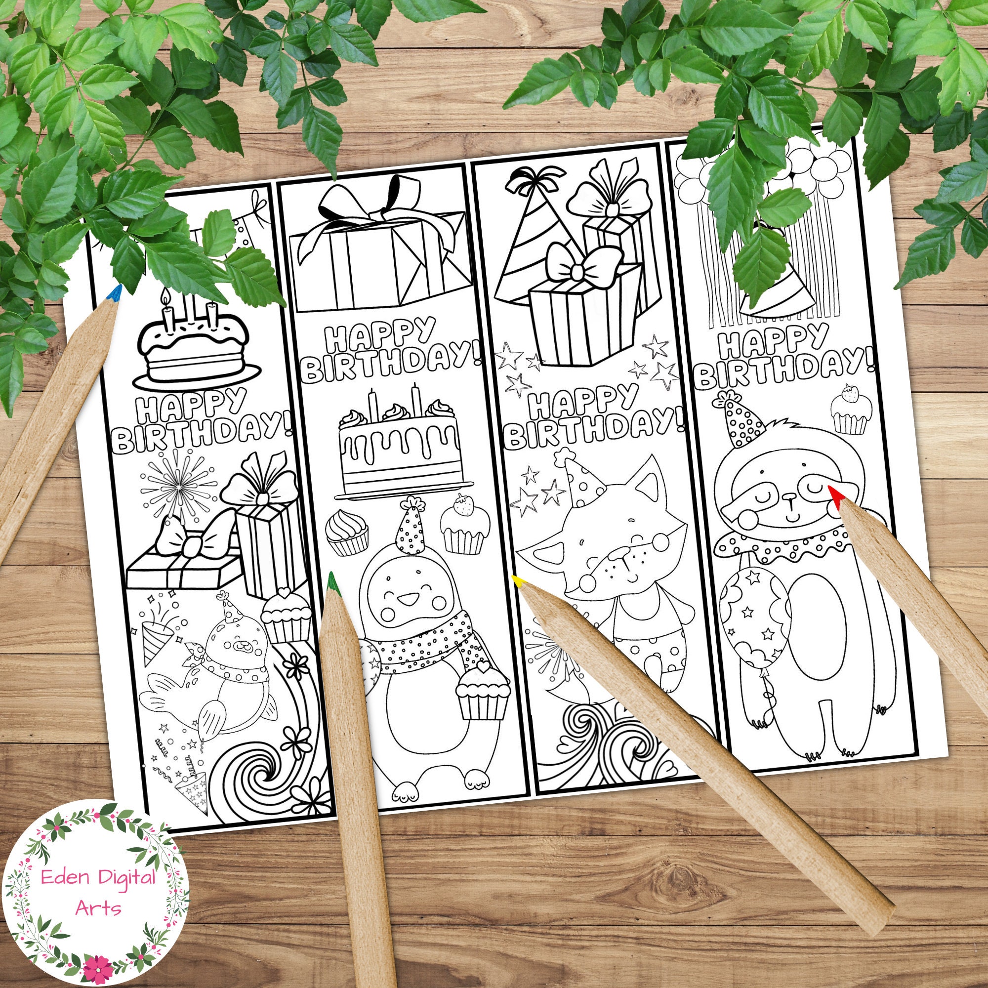 Happy Birthday Party Coloring Bookmarks for Kids Cute Animals - Etsy
