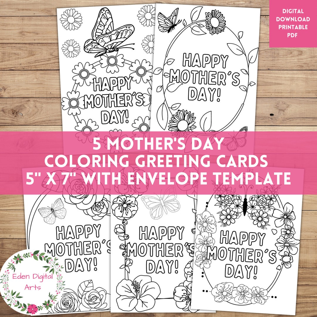 Happy Mother's Day Coloring Cards, Floral Color Your Own DIY Cards for ...