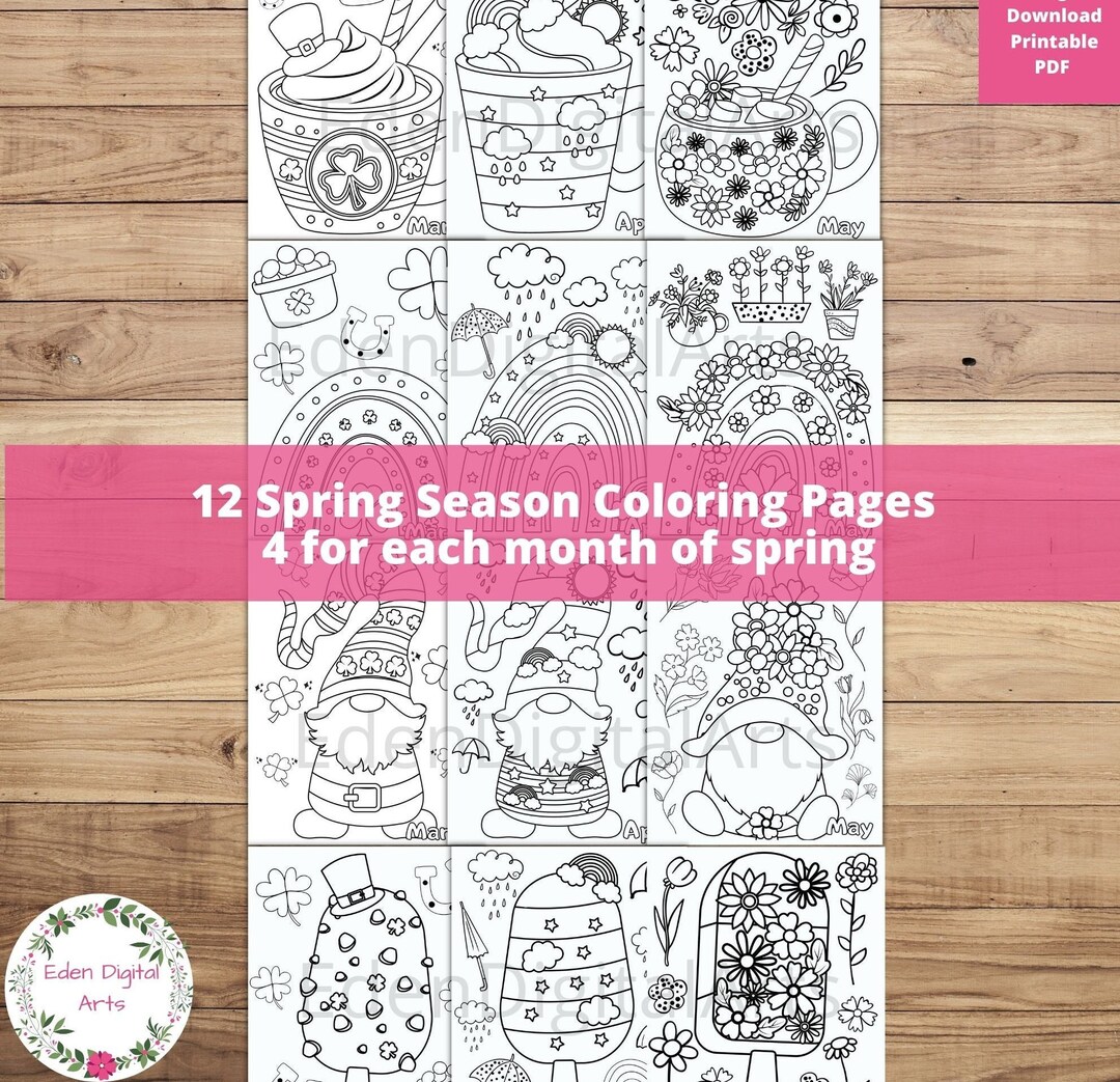 Whimsical Spring Months Coloring Pages Gnomes Mugs Ice Creams for Kids ...