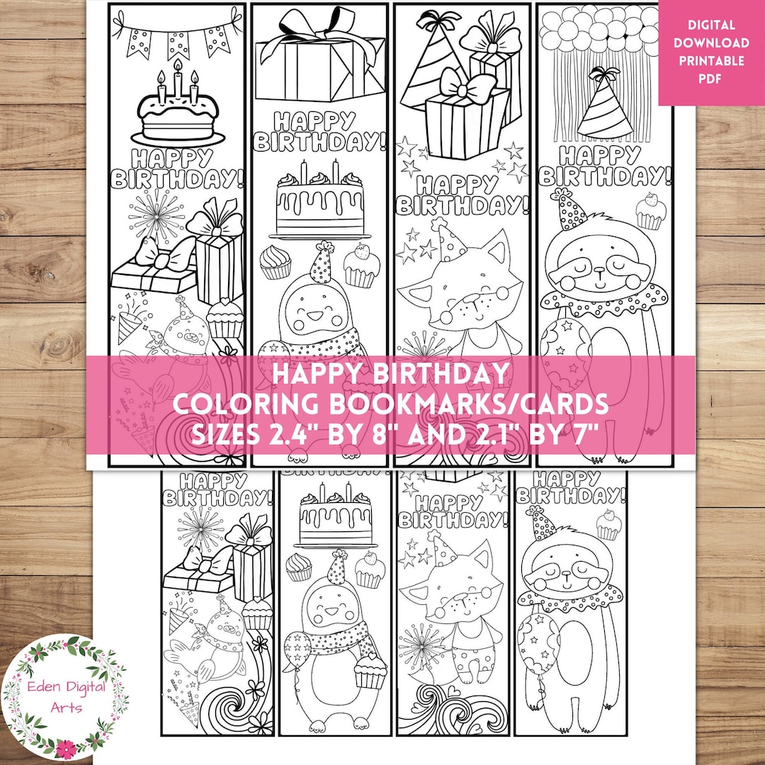 Happy Birthday Party Coloring Bookmarks for Kids, Cute Animals & Decor ...